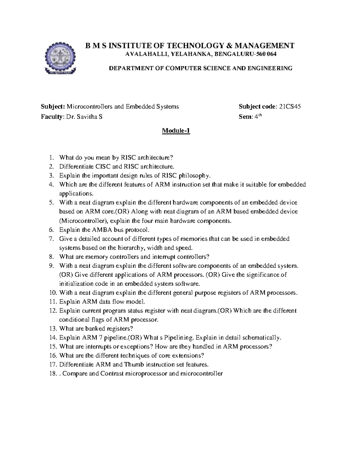 Module Wise Question Bank B M S Institute Of Technology And Management Avalahalli Yelahanka