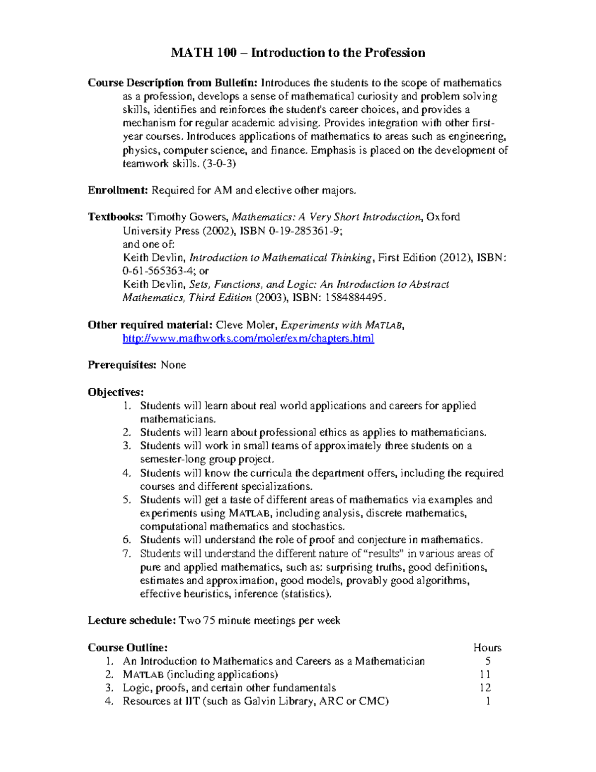 Syllabus-math-100 - Wow - MATH 100 – Introduction to the Profession ...