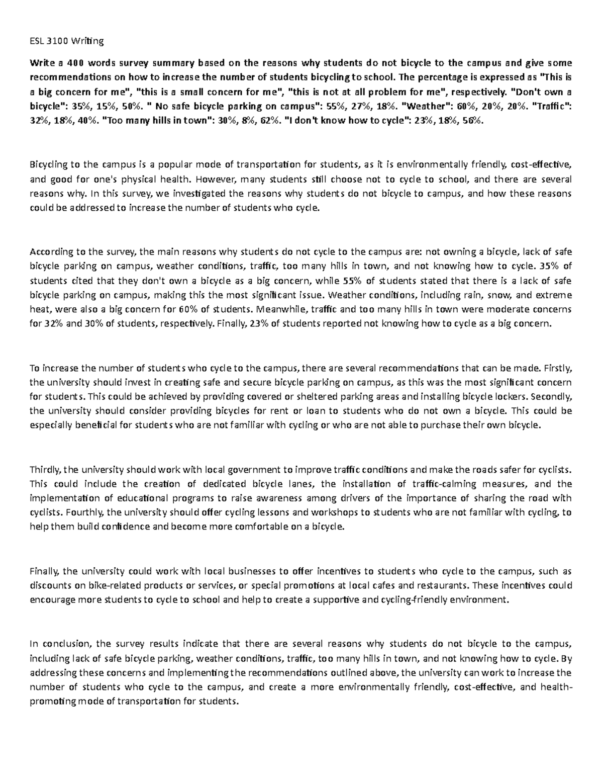 ESL 3100 Writing - ESL 3100 Writing Write a 400 words survey summary ...