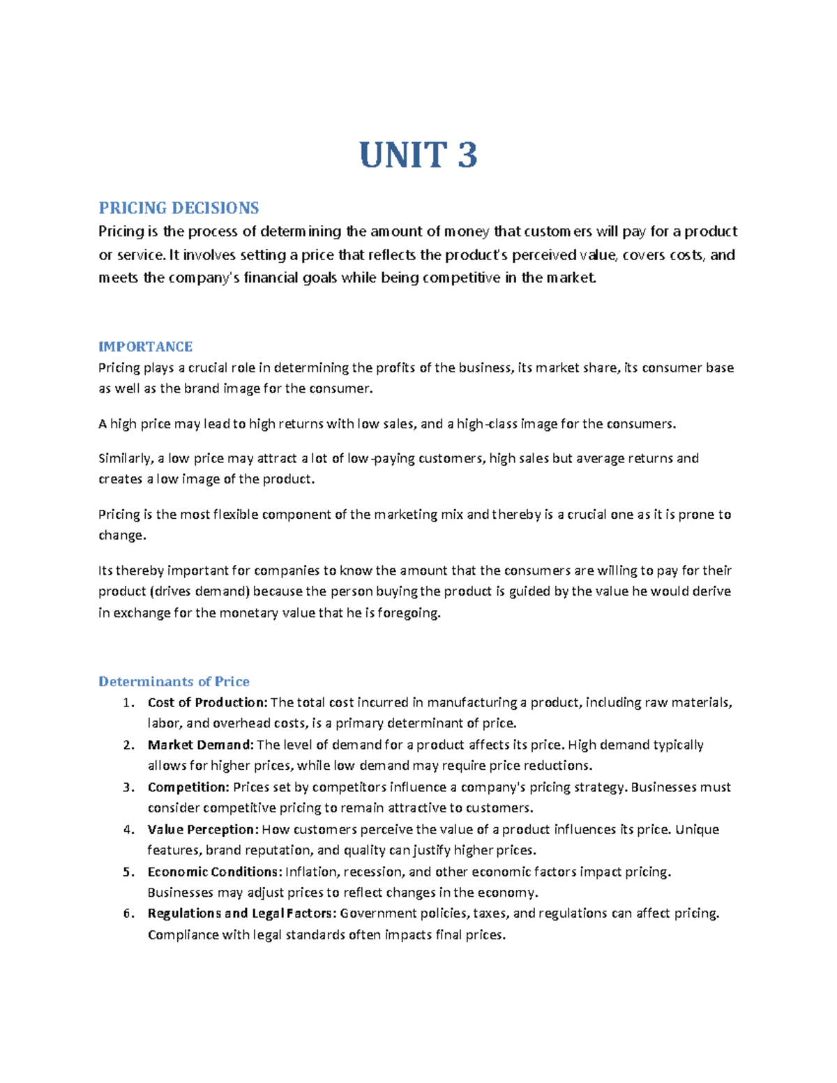 UNIT 3 POM HG - UNIT 3 PRICING DECISIONS Pricing is the process of ...