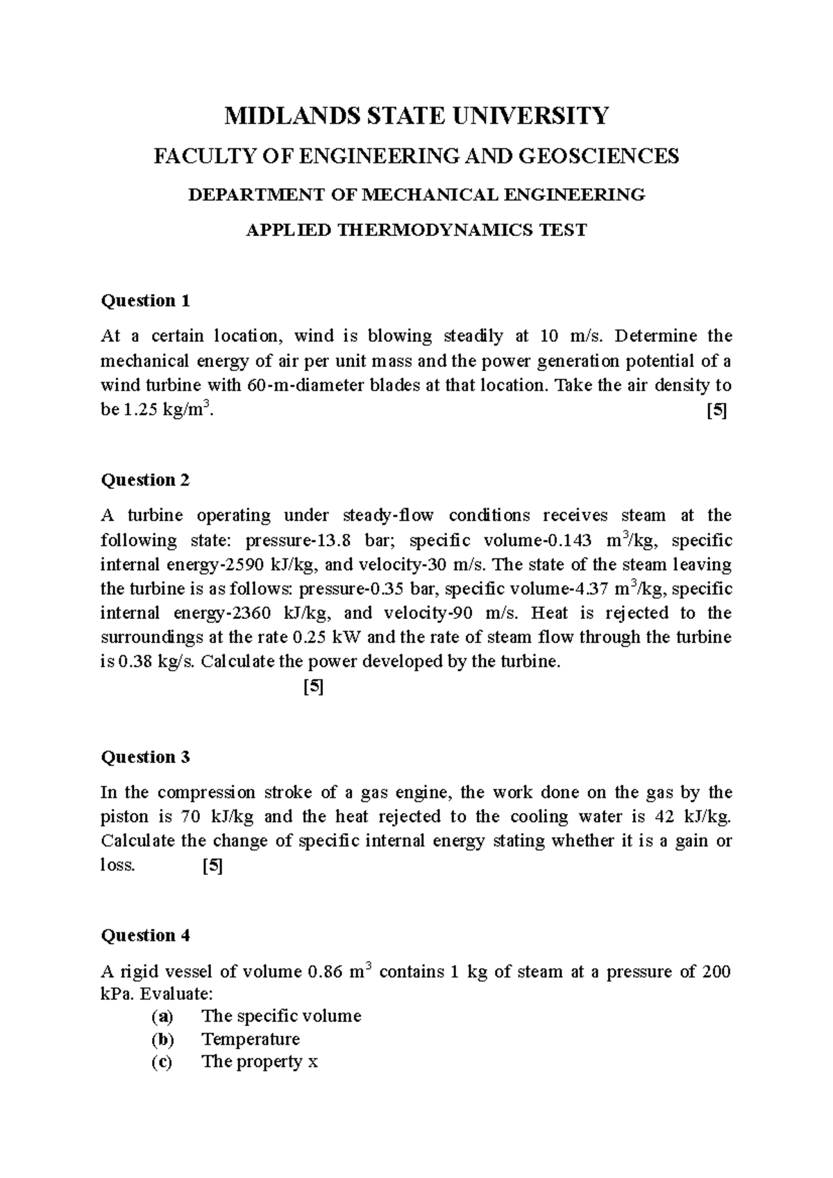 Applied Thermo Test - MIDLANDS STATE UNIVERSITY FACULTY OF ENGINEERING ...
