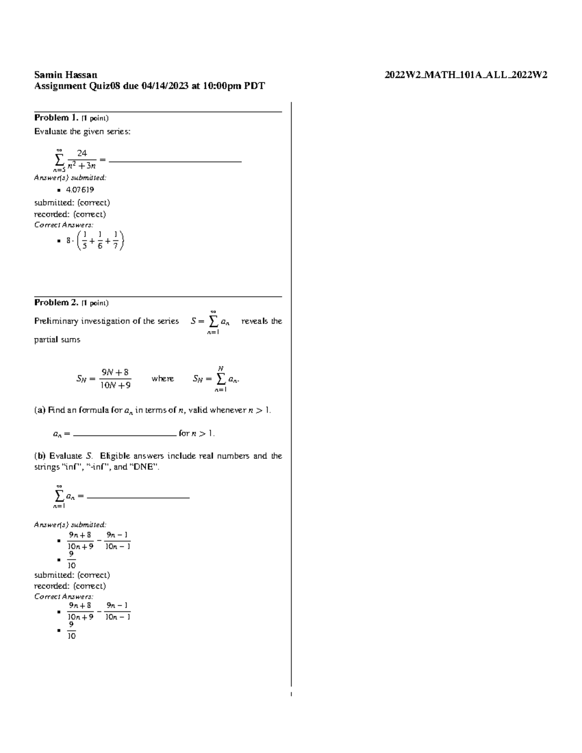 2022W2 MATH 101 A ALL 2022W2 - Samin Hassan 2022W2 MATH 101A ALL 2022W Assignment Quiz08 due ...