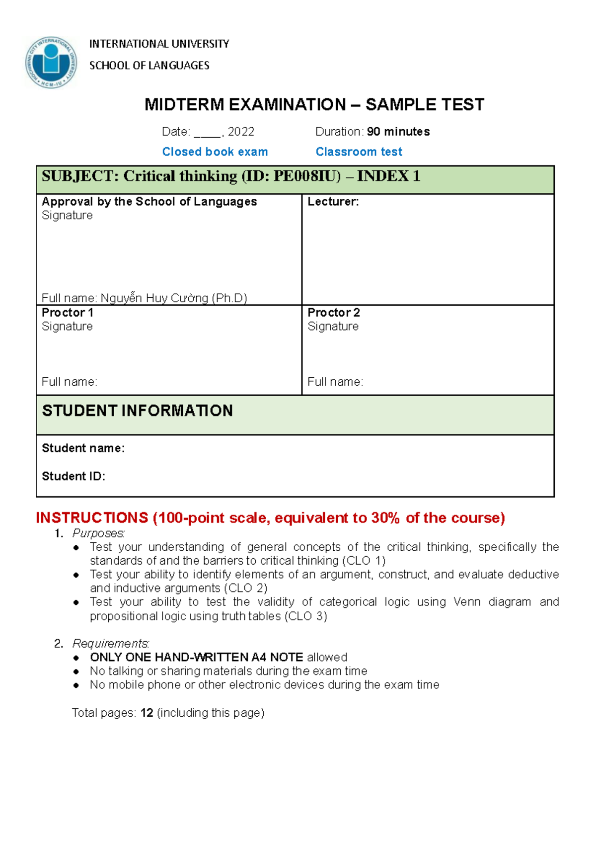 Critical thinking sample test - midterm exam - Without key ...