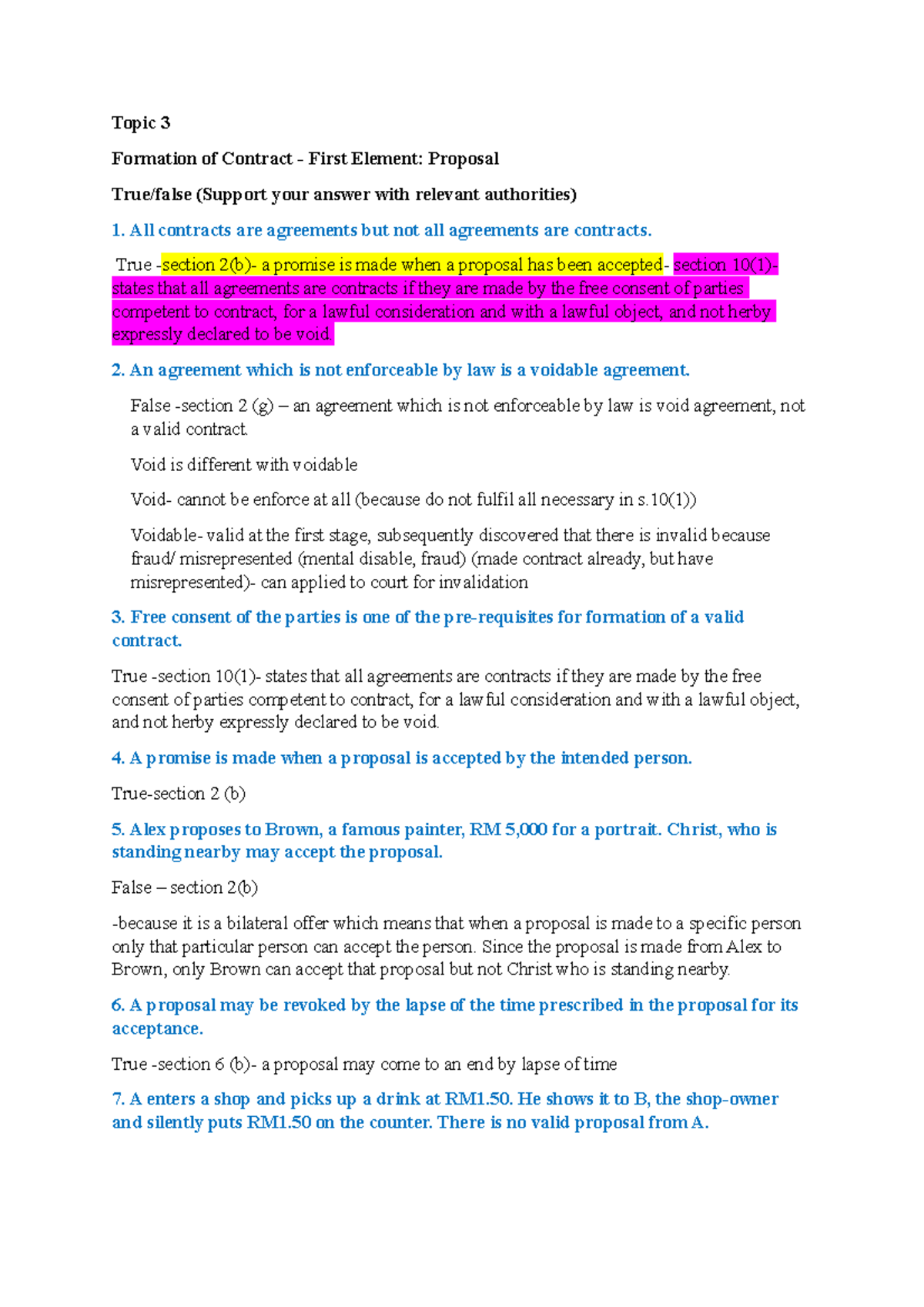 Topic 3 Offer - Topic 3 Formation of Contract - First Element: Proposal True/false (Support your ...