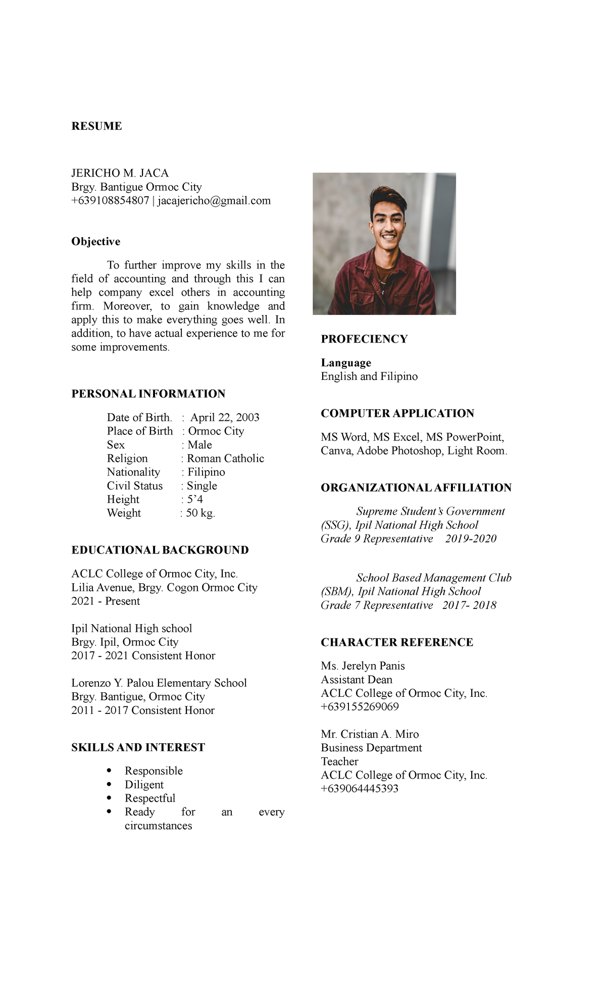 Office - RESUME - RESUME JERICHO M. JACA Brgy. Bantigue Ormoc City ...