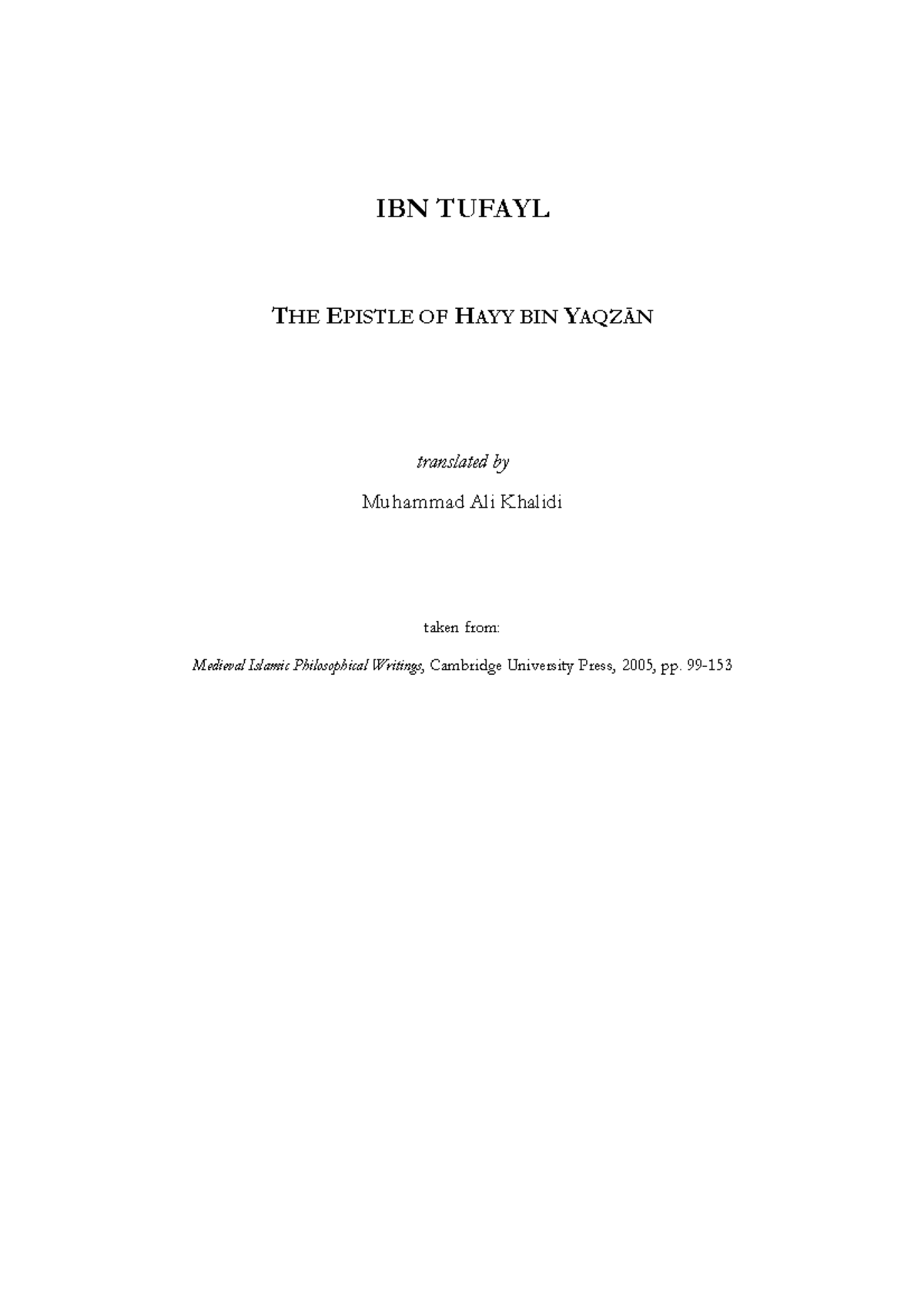 Lectura 2 Inglés - IBN TUFAYL THE EPISTLE OF HAYY BIN YAQZĀN translated ...