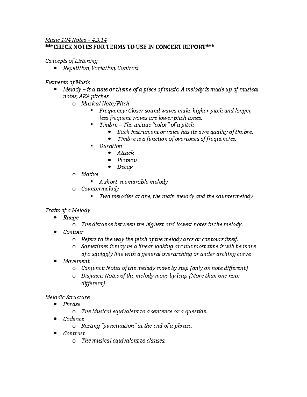 Music 104 Notes – 4/3/14 - Music 104 Notes – 4. CHECK NOTES FOR TERMS ...