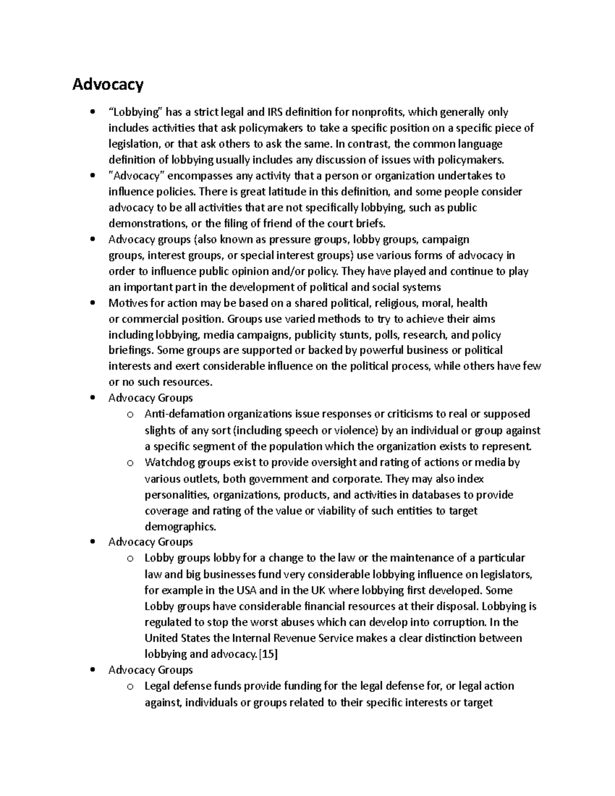 Advocacy - Course notes - Advocacy “Lobbying" has a strict legal and ...