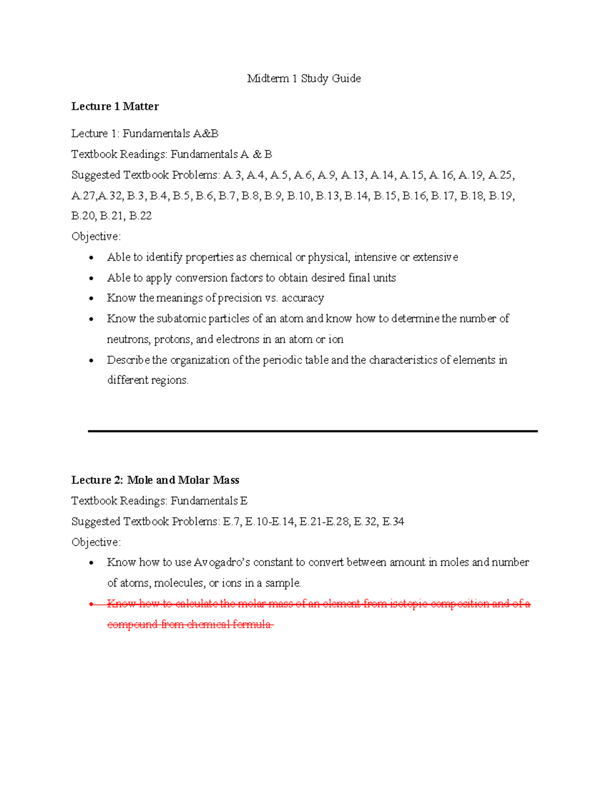 Midterm 1 study guide 1 F23 updated - Midterm 1 Study Guide Lecture 1 Matter Lecture 1 ...