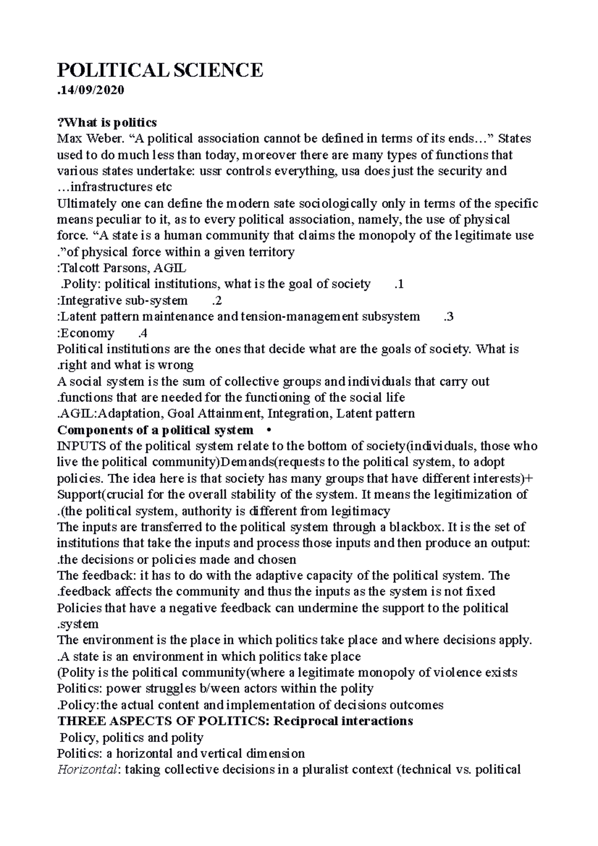 Political Science - POLITICAL SCIENCE .14/09/ ?What is politics Max ...