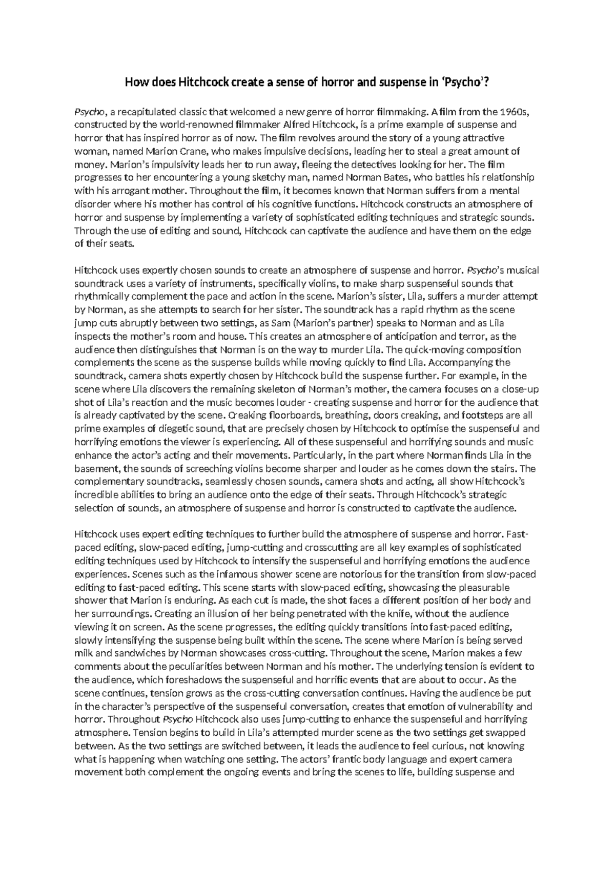 Psycho Essay 2024 - How does Hitchcock create a sense of horror and ...