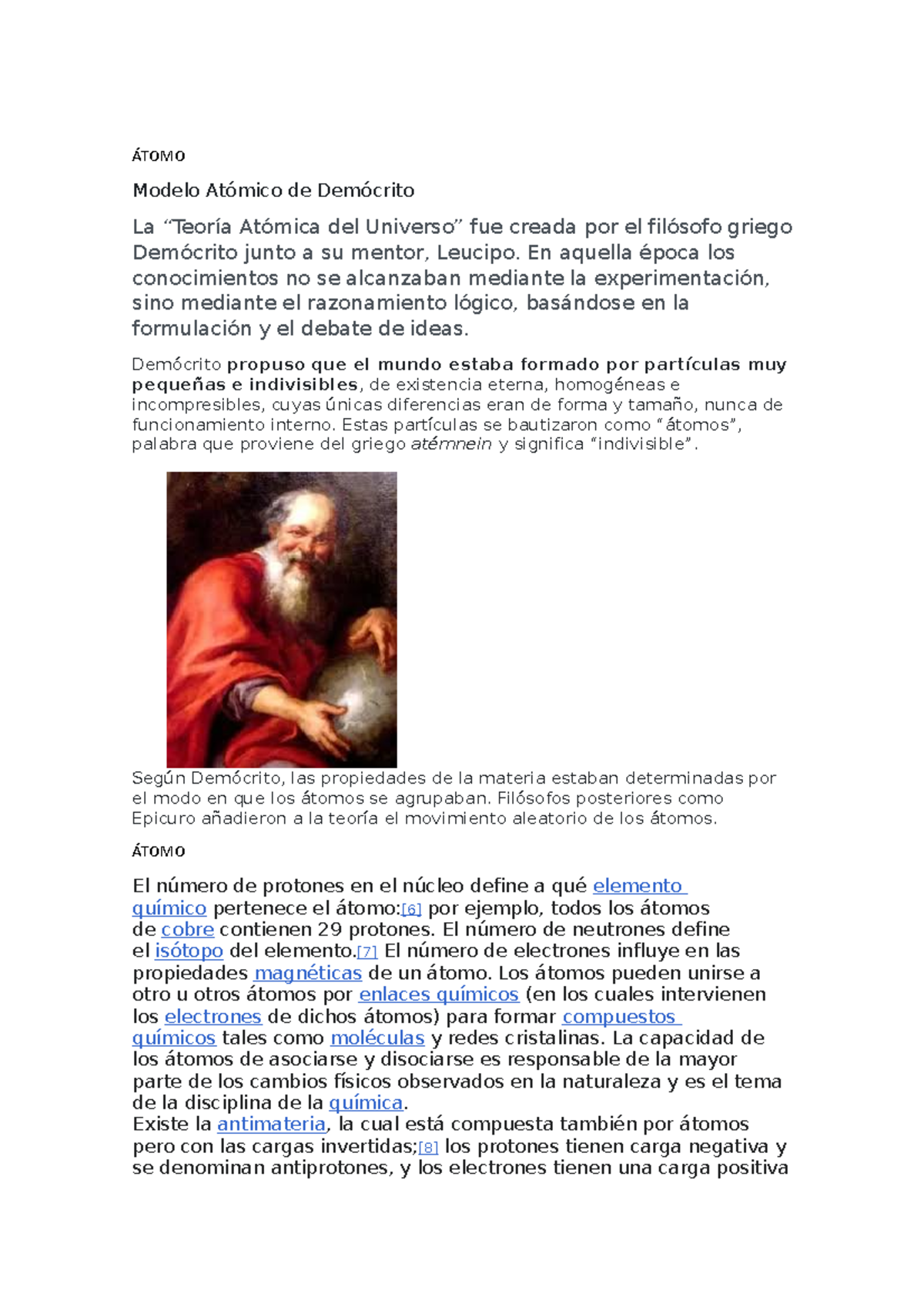 Demócrito - ÁTOMO Modelo Atómico de Demócrito La “Teoría Atómica del ...
