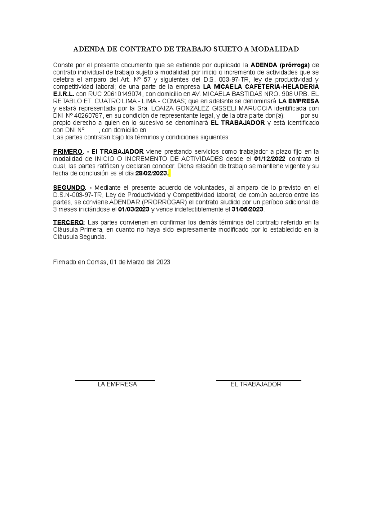 Addenda Modelo LA Micaela - ADENDA DE CONTRATO DE TRABAJO SUJETO A ...