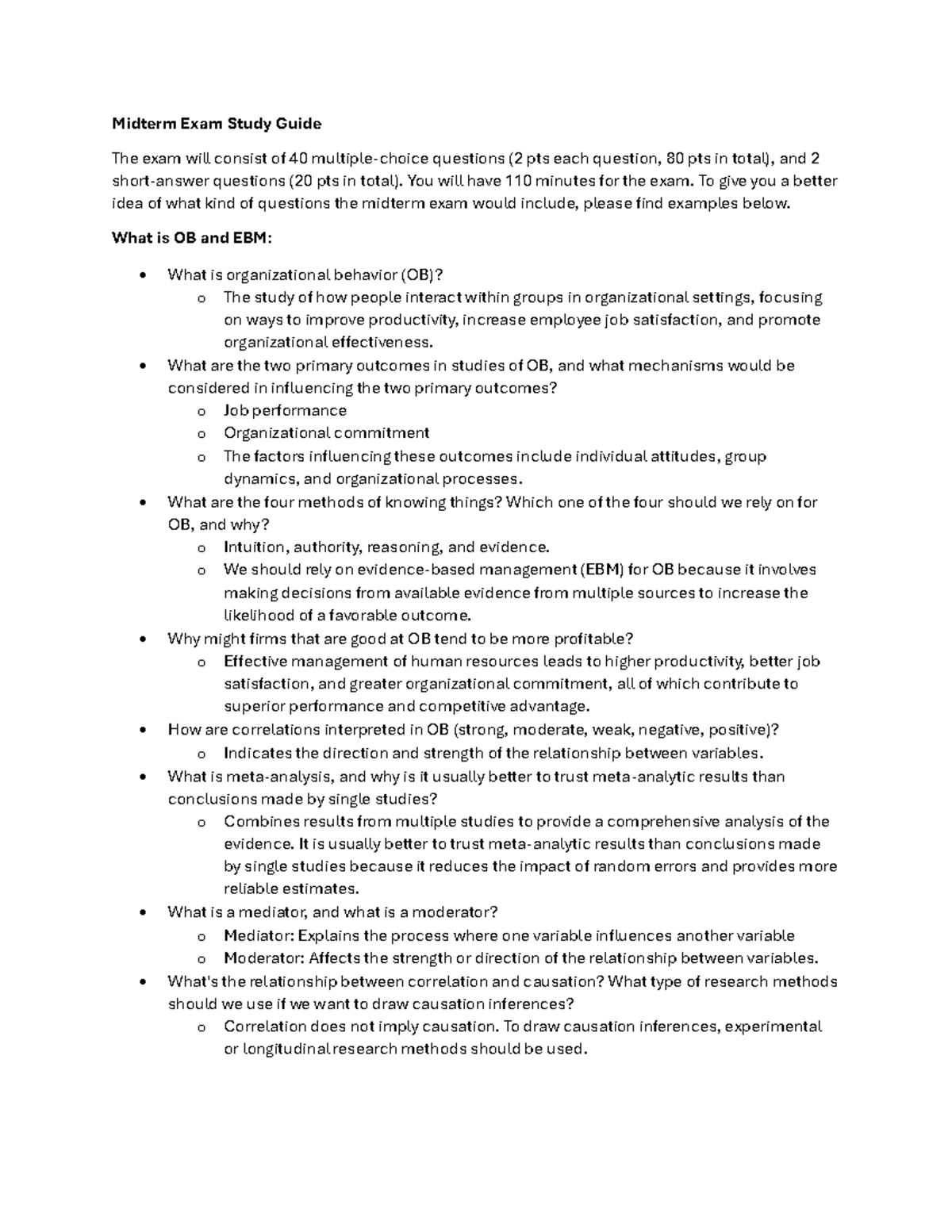 BA 354 Midterm Exam Study Guide - Midterm Exam Study Guide The exam will consist of 40 - Studocu