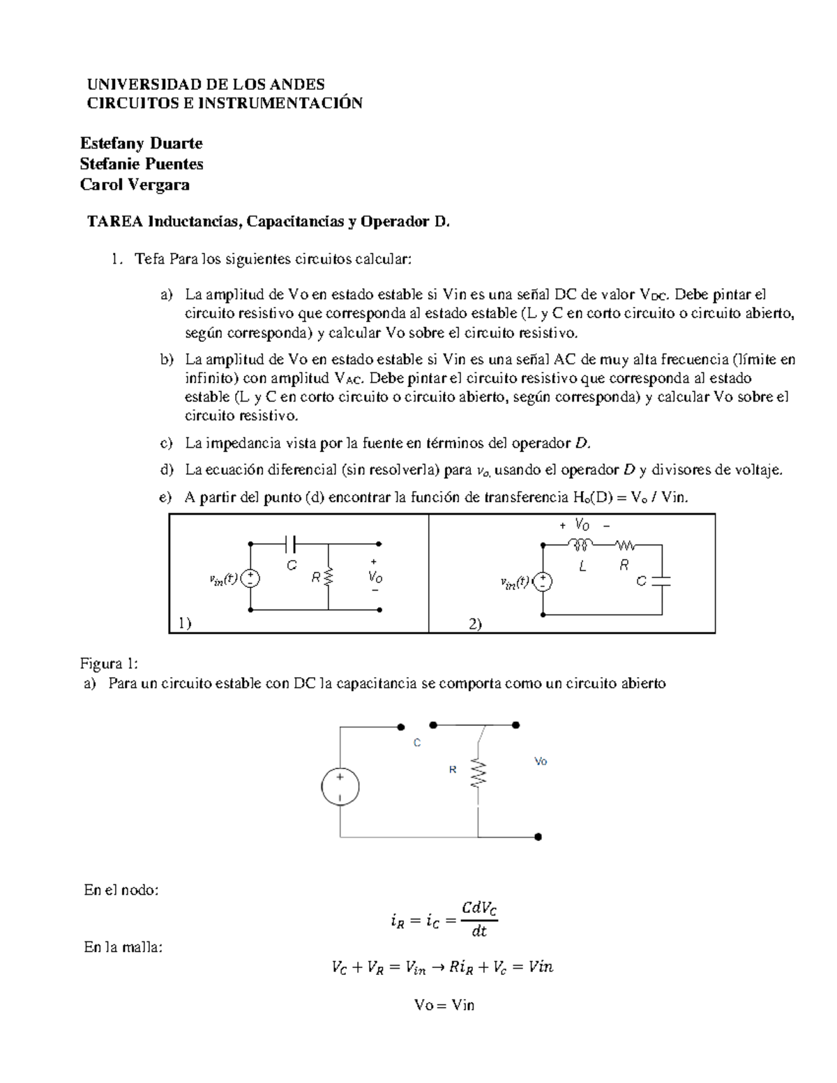 Tarea 5 - MN,M - UNIVERSIDAD DE LOS ANDES CIRCUITOS E INSTRUMENTACIÓN ...