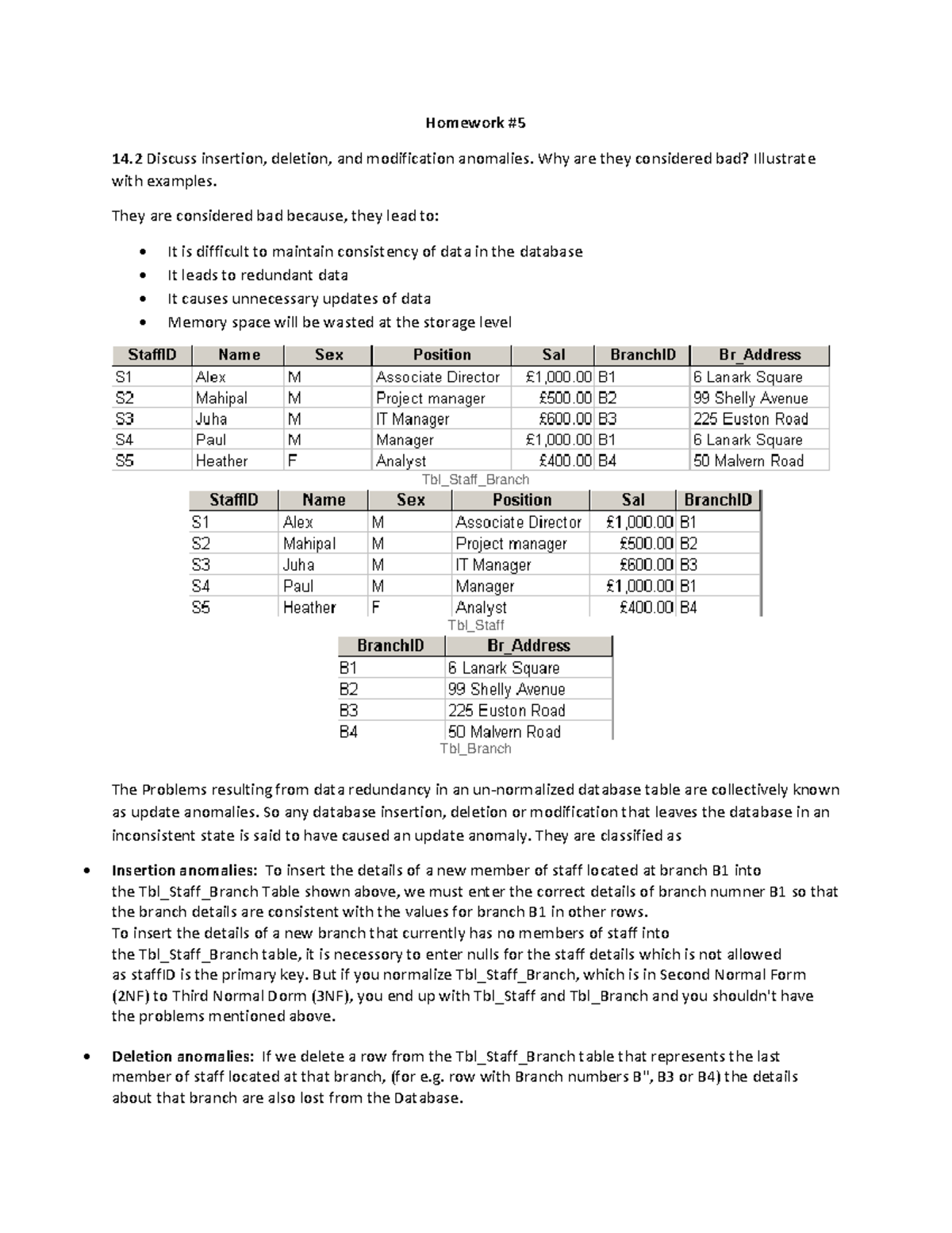 Homework 5 - Homework # 14 Discuss insertion, deletion, and ...
