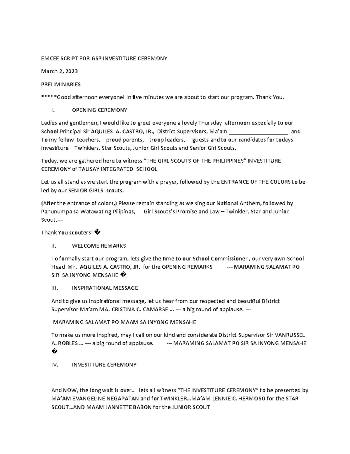 Ilide - ttiolopoplit - EMCEE SCRIPT FOR GSP INVESTITURE CEREMONY March ...