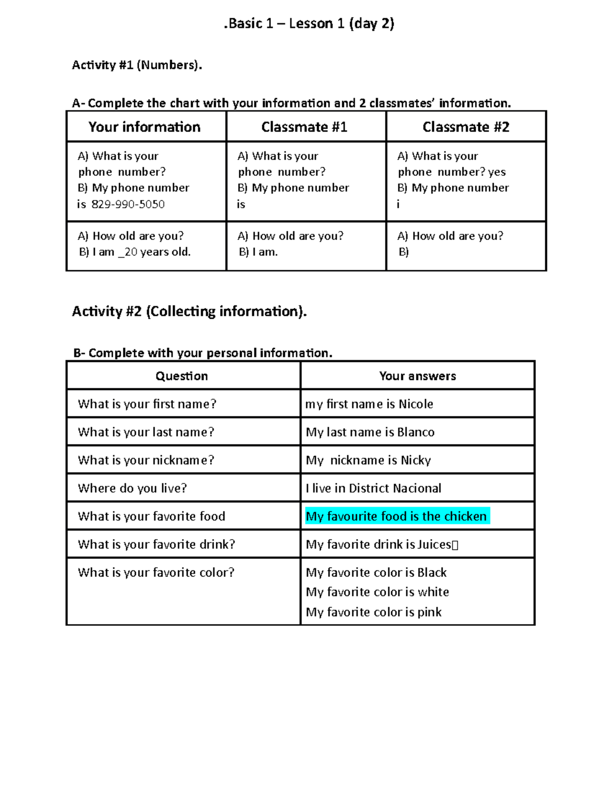 Basic 1 Lesson 1 DAY 2 Worksheet Copy Basic 1 Lesson 1 day 2
