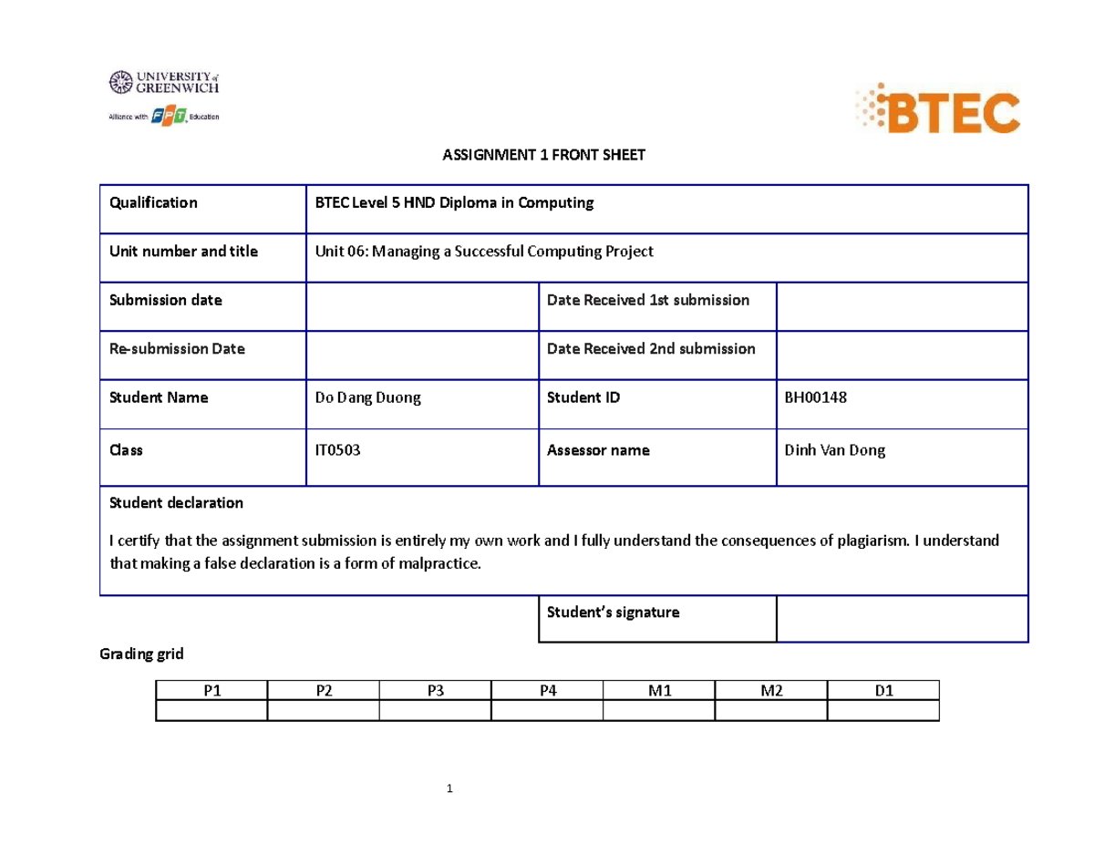 ASM1-MHCP-2022-DDDuong - ASSIGNMENT 1 FRONT SHEET Qualification BTEC Level 5 HND Diploma in ...