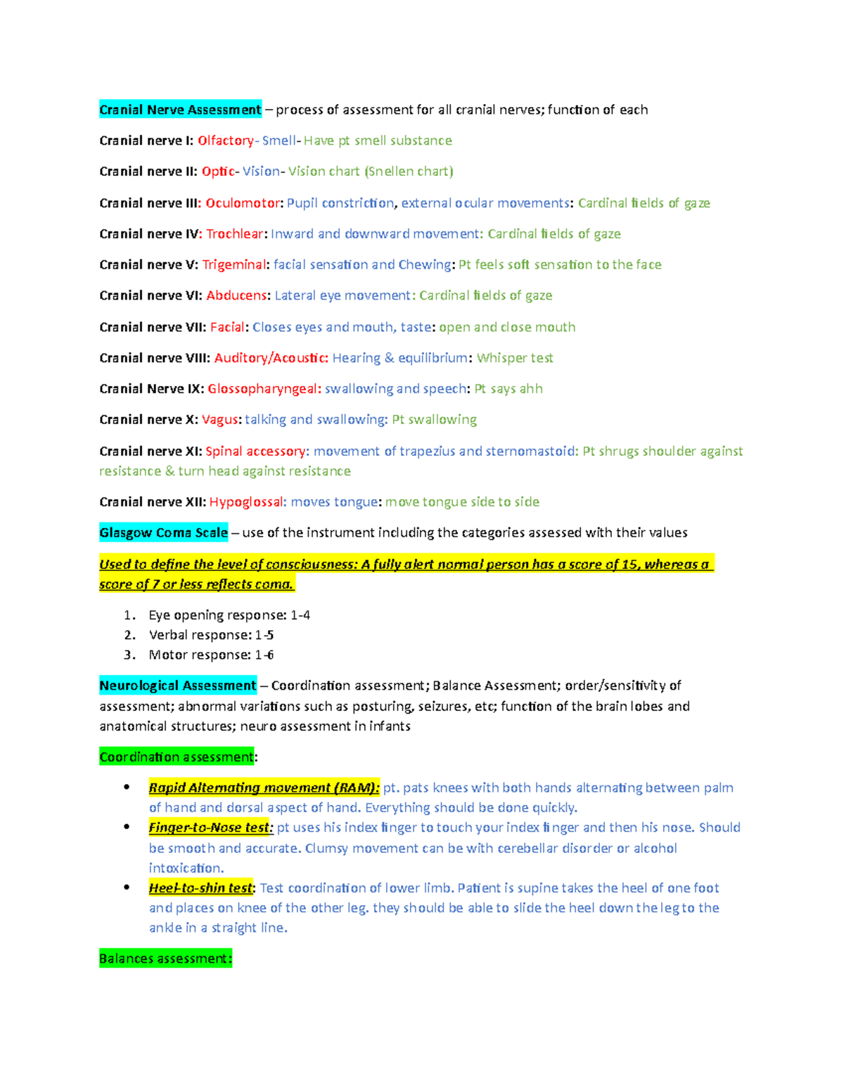 Exam 1 concept map - Cranial Nerve Assessment – process of assessment ...