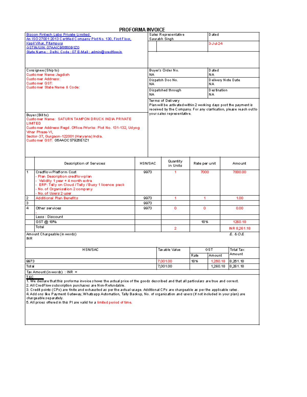 Performa Invoice.xlsx - PI - PROFORMA INVOICE Bizcon Fintech Labs ...