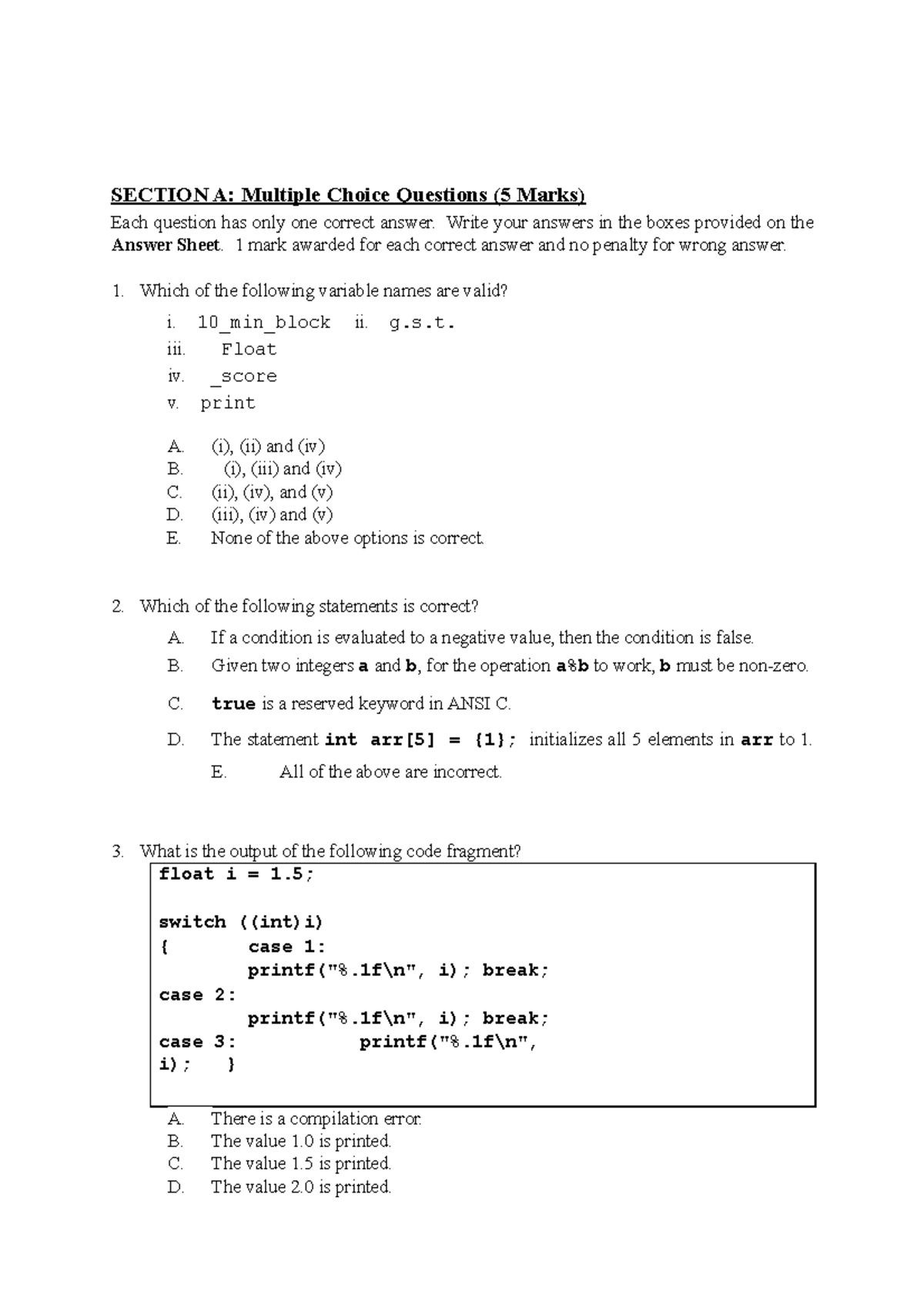 Termtest 16s1 Qns Programming Language Section A Multiple Choice Questions 5 Marks Each