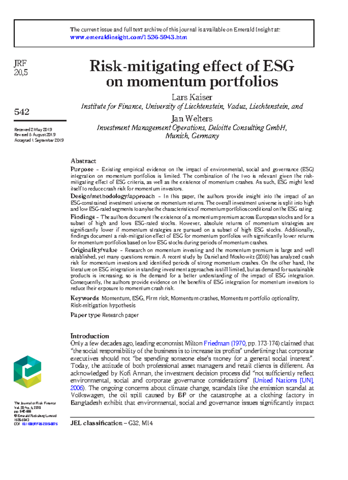 Kaiser 2019 - Risk-mitigating effect of ESG on momentum portfolios Lars ...