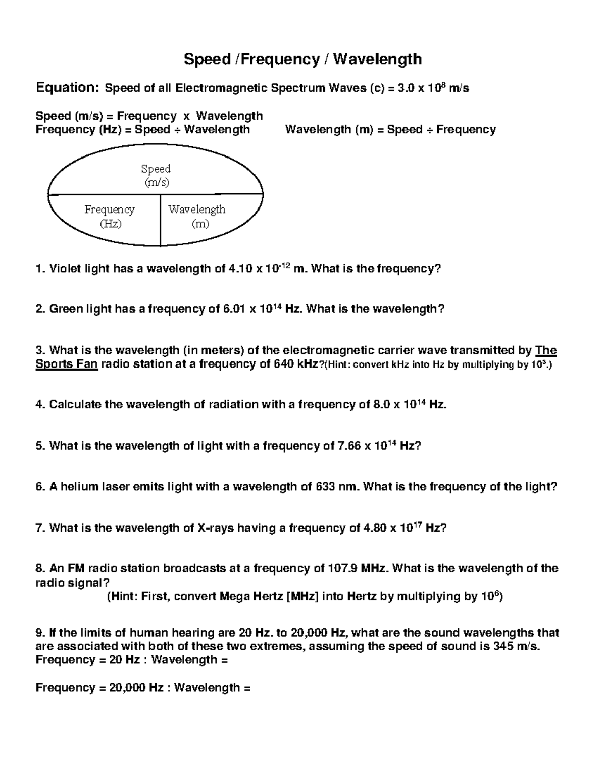 Energy Worksheet - Speed /Frequency / Wavelength Equation: Speed of all ...