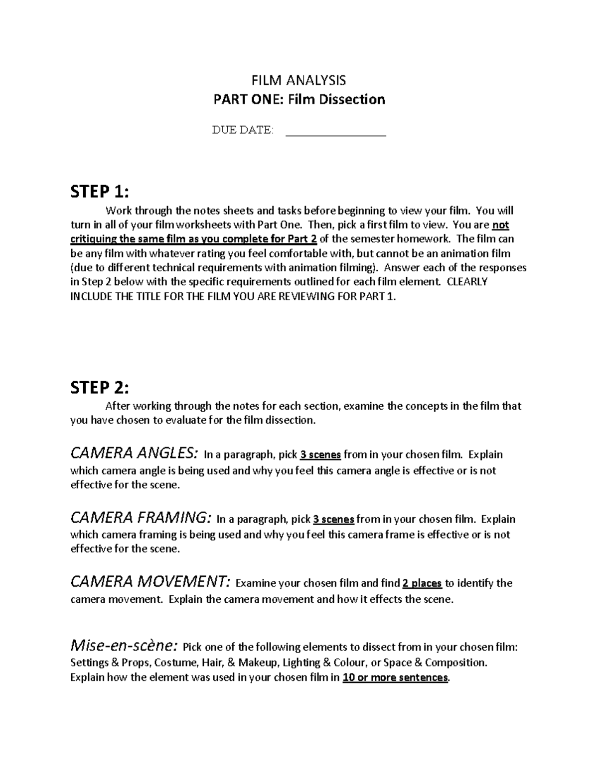 FILM Analysis Quarter Homework - FILM ANALYSIS PART ONE: Film ...