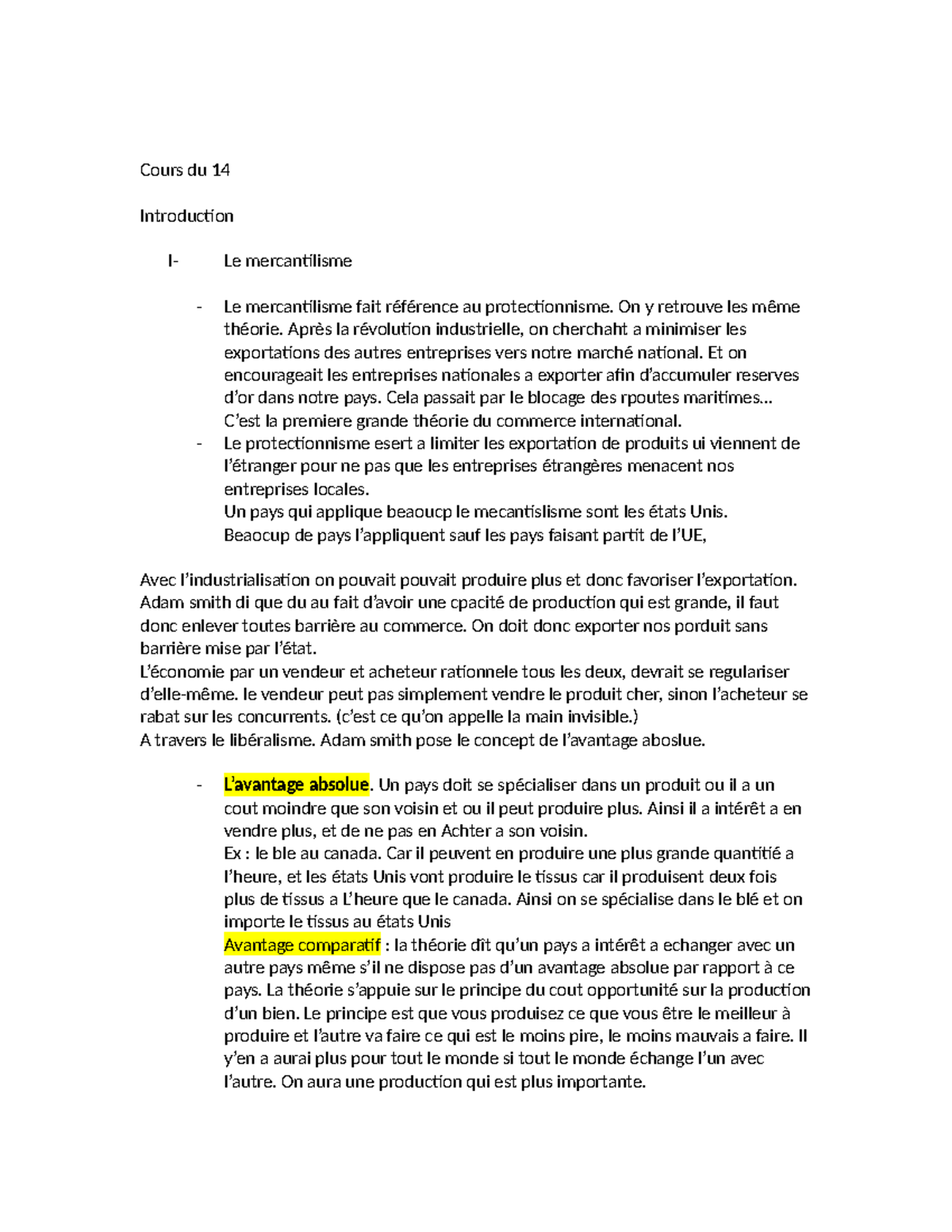 Cours du 14janvier - Cours du 14 Introduction I- Le mercantilisme - Le ...