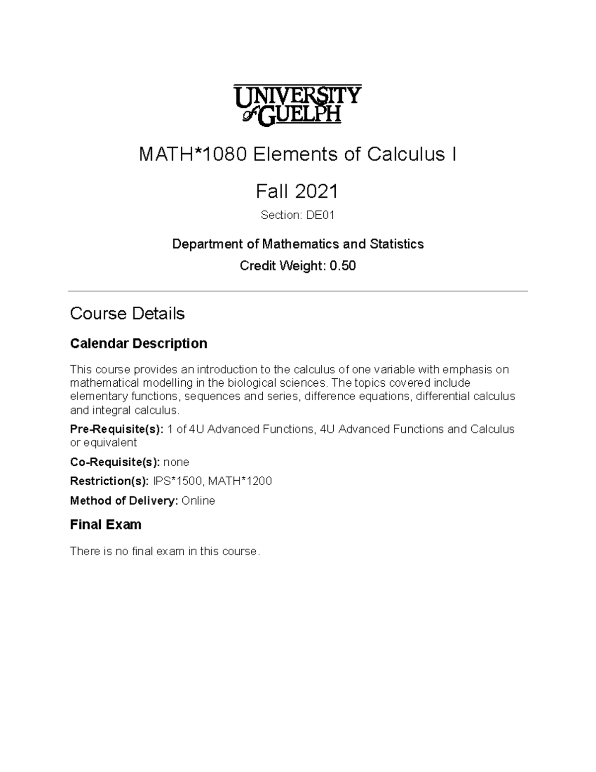 Outline MATH1080 DE01 F21 final - MATH*1080 Elements of Calculus I Fall ...