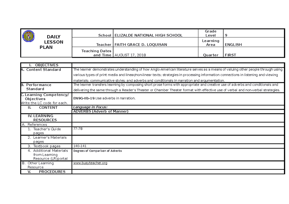 DLP - Daily lesson plan - DAILY LESSON PLAN School ELIZALDE NATIONAL ...