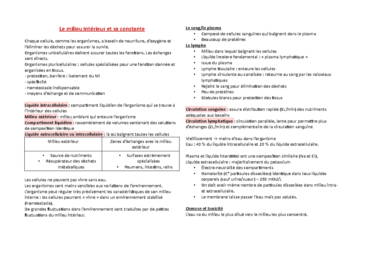 Milieu intérieur et constante - Le milieu intérieur et sa constante ...