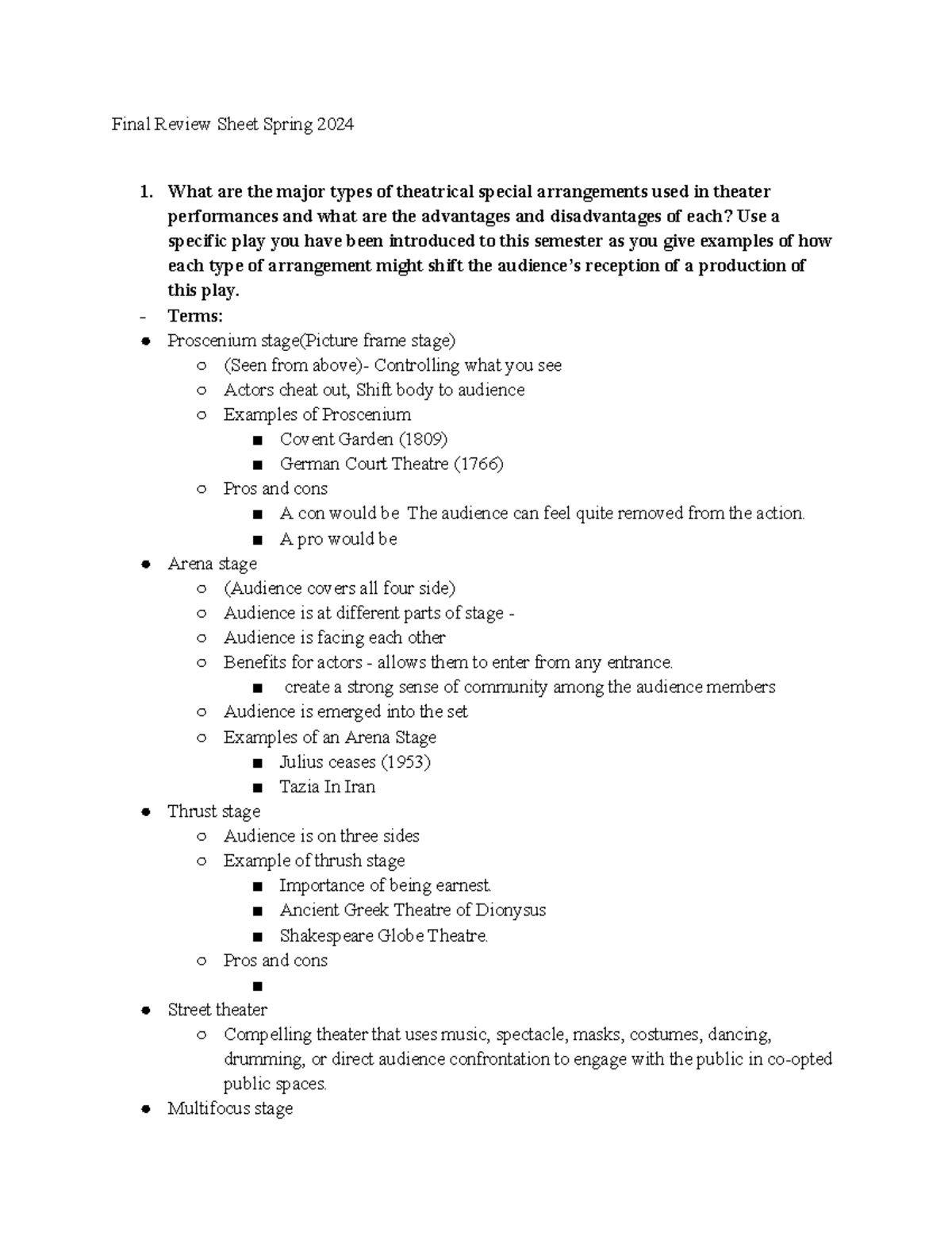 1D03 Final Review Sheet Spring 2024 - Final Review Sheet Spring 2024 1. What are the major types ...