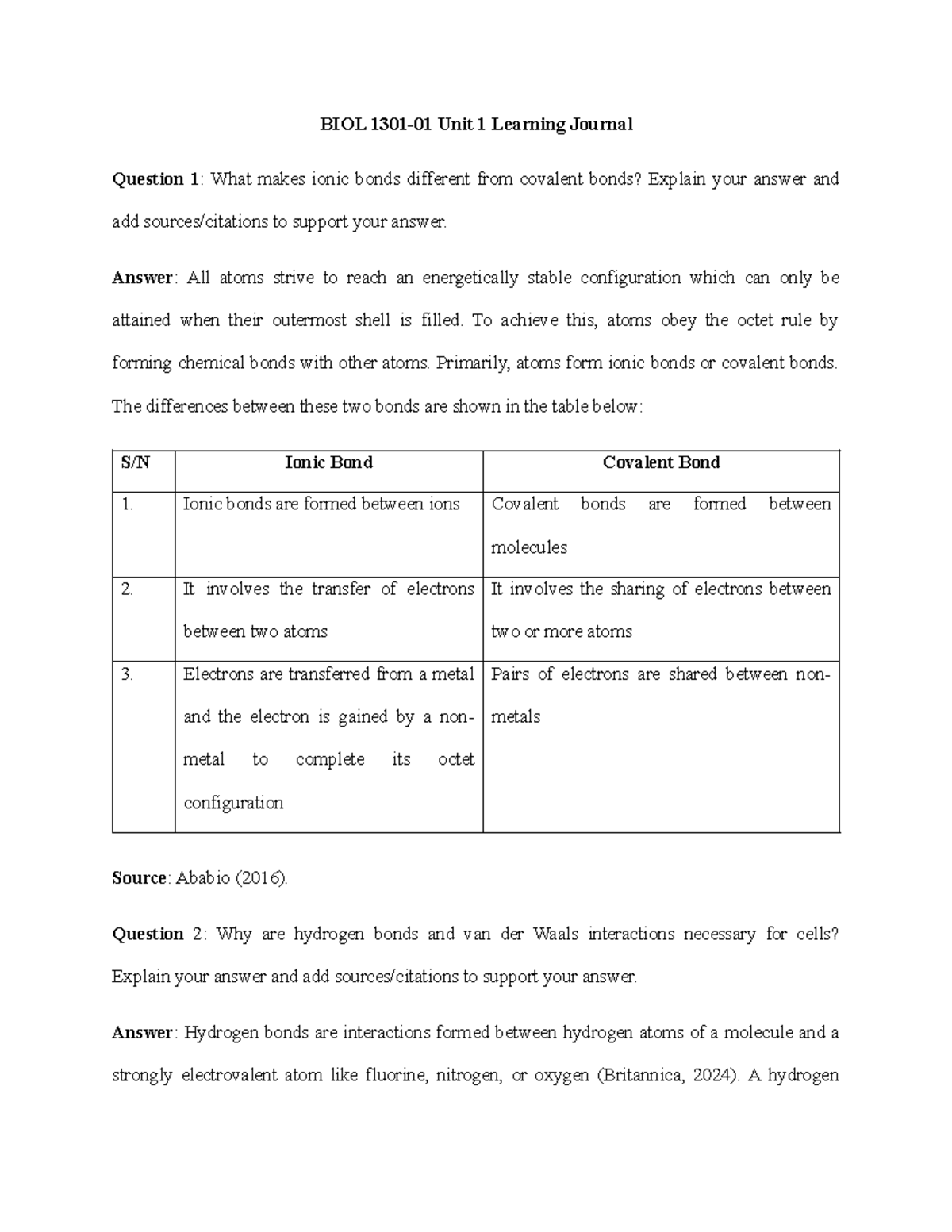 BIOL 1301 LJ 1 Guide - BIOL 1301-01 Unit 1 Learning Journal Question 1 ...