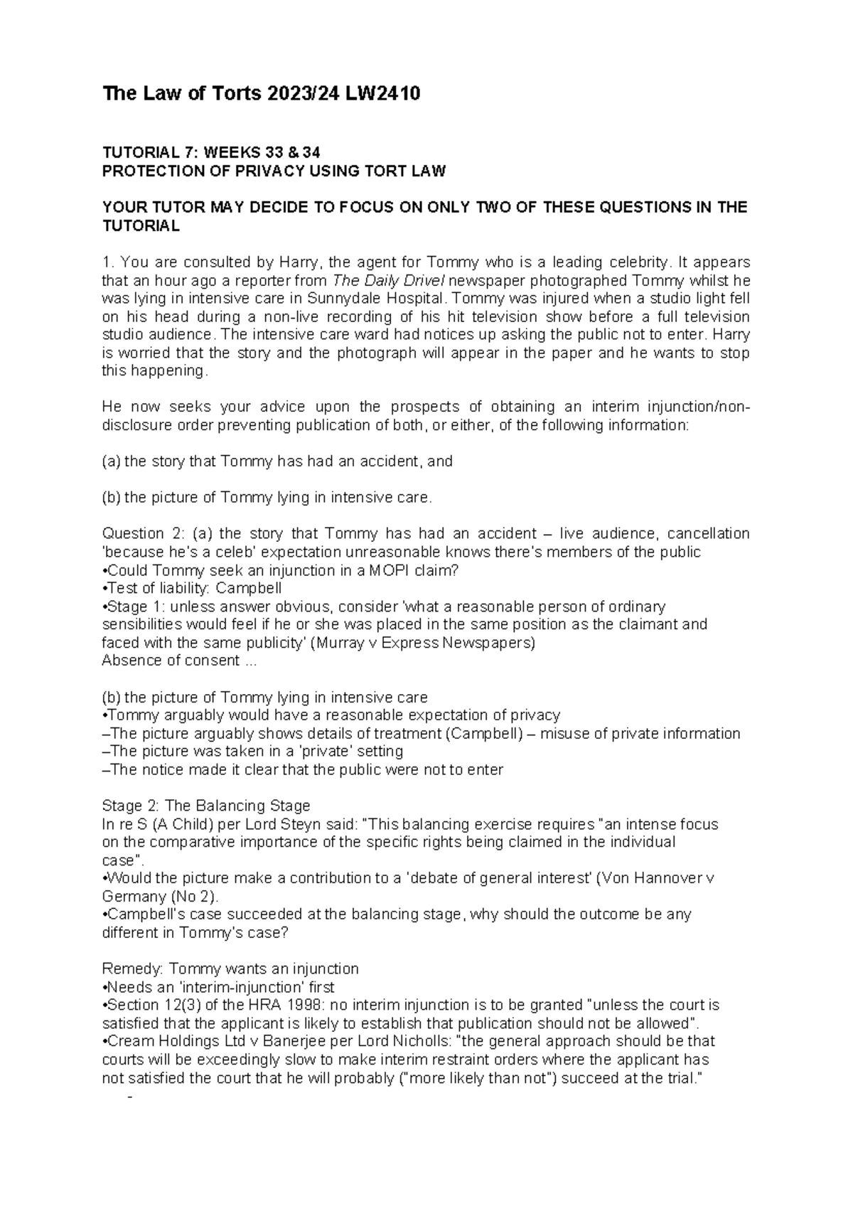 Privacy tutorial sheet 2024 LW2410 - The Law of Torts 2023/24 LW ...
