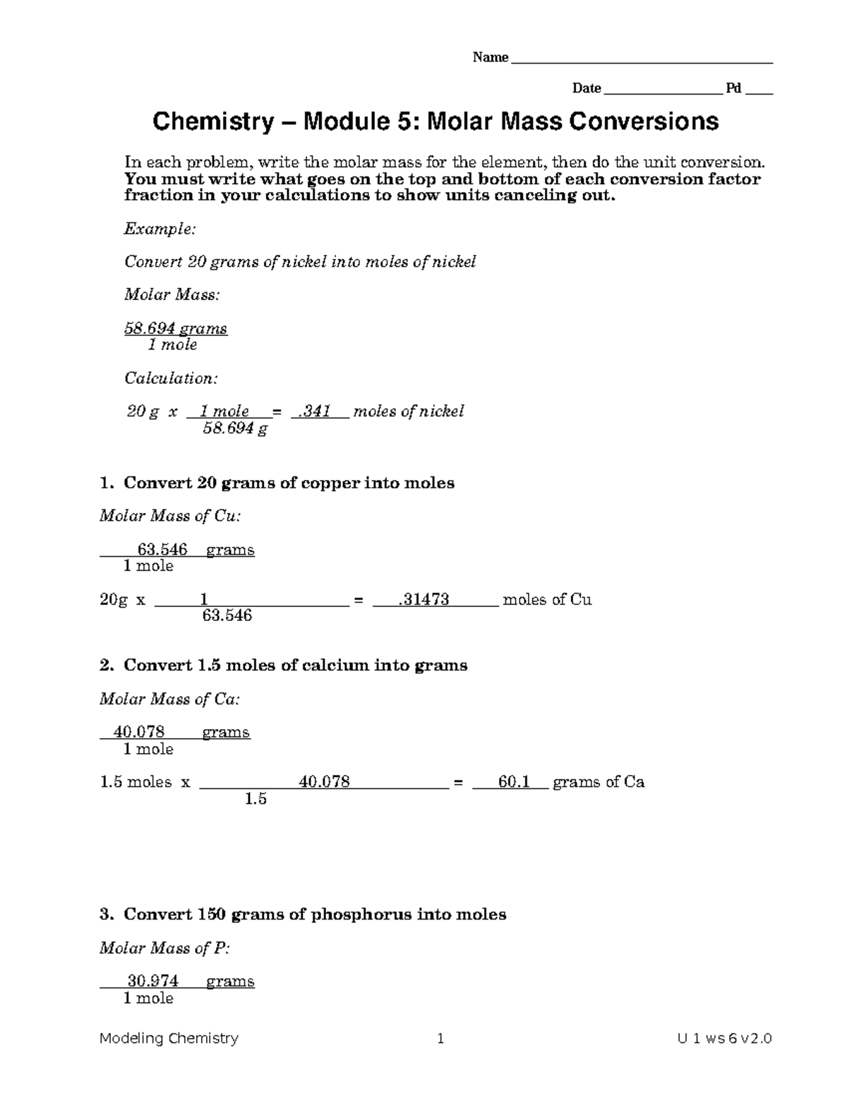 Molar mass conversions only elements - Name Date Pd Chemistry – Module ...