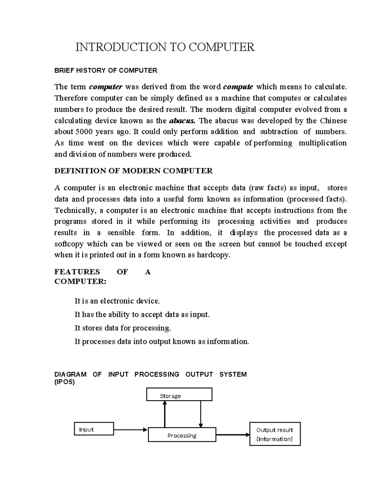 Computer fundamental handout - BRIEF HISTORY OF COMPUTER The term ...