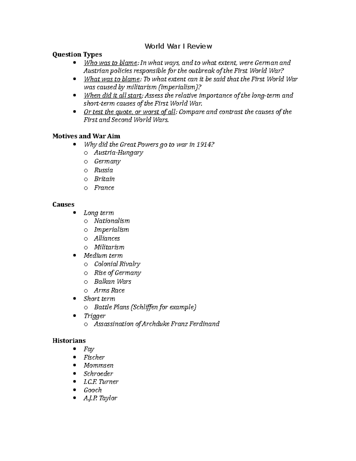 World War I Review - outline of everything covered in class on WWI ...