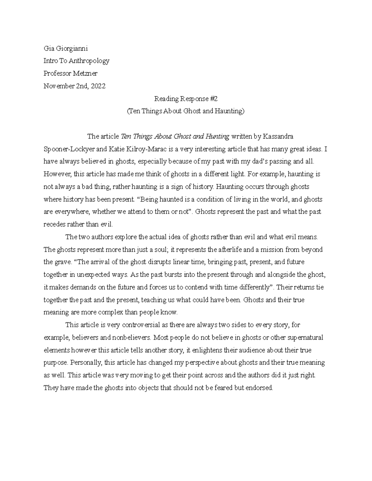 Reading Response 2 -2 - Gia Giorgianni Intro To Anthropology Professor ...
