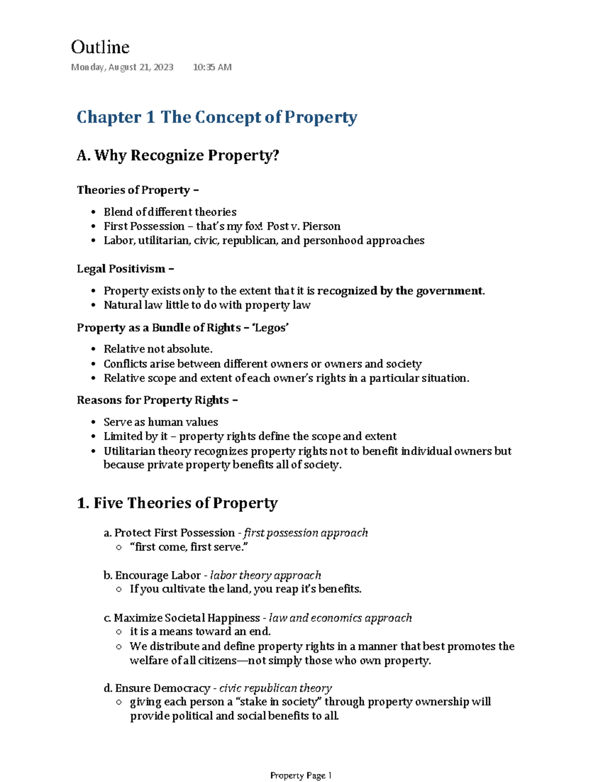 Outline - Chapter 1 The Concept of Property A. Why Recognize Property ...