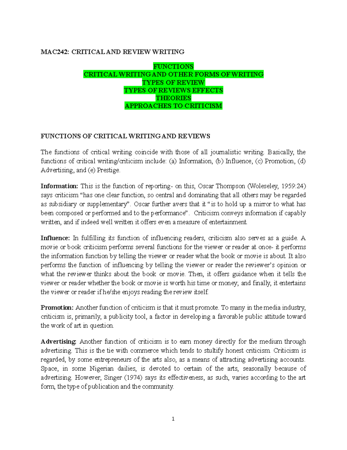 MAC 242 Critical AND Review Writing - MAC242: CRITICAL AND REVIEW ...