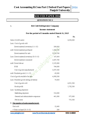 Cost accounting adc bcom part 2 solved past paper 2015 - Punjab University 2015 QUESTION NO 1 ...