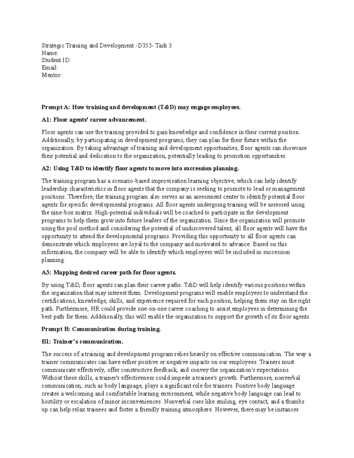 D353 Task 3 Passed - Pass - Strategic Training and Development -D353 ...