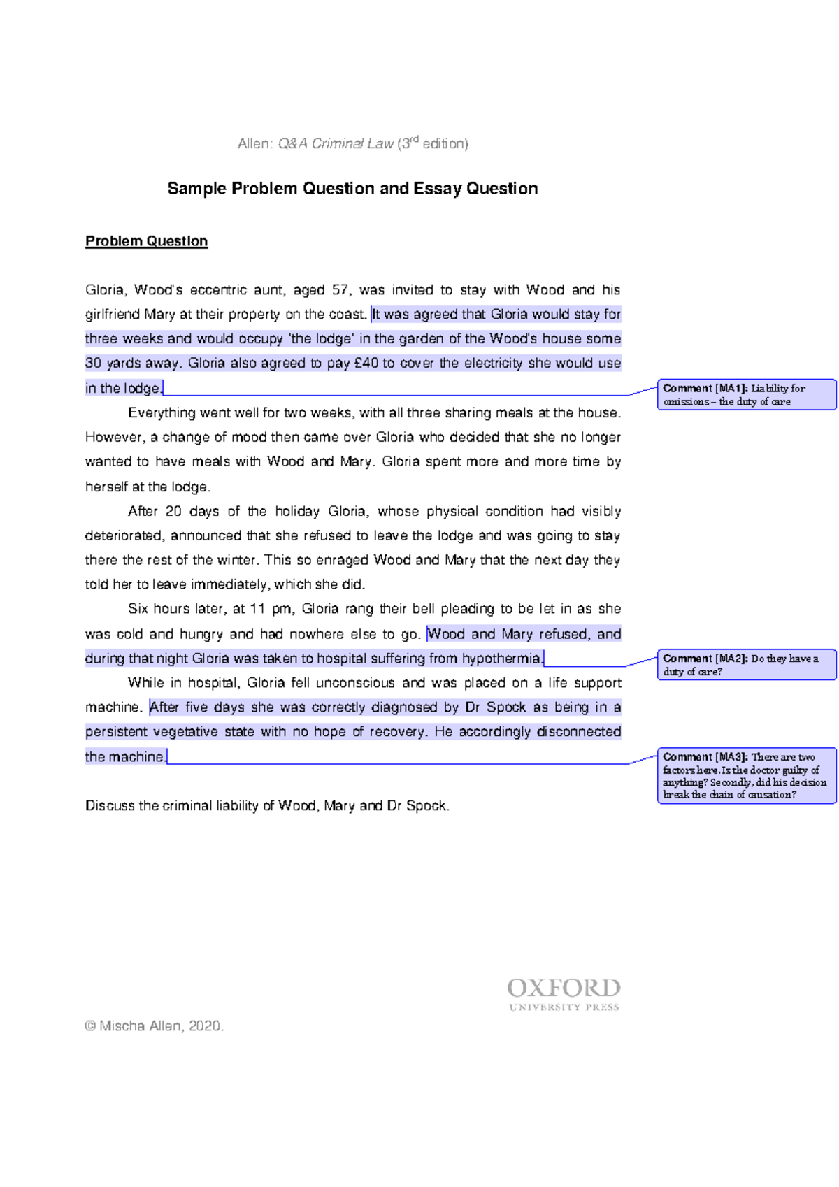 Sample PQ and essay question - Allen: Q&A Criminal Law (3rd edition ...