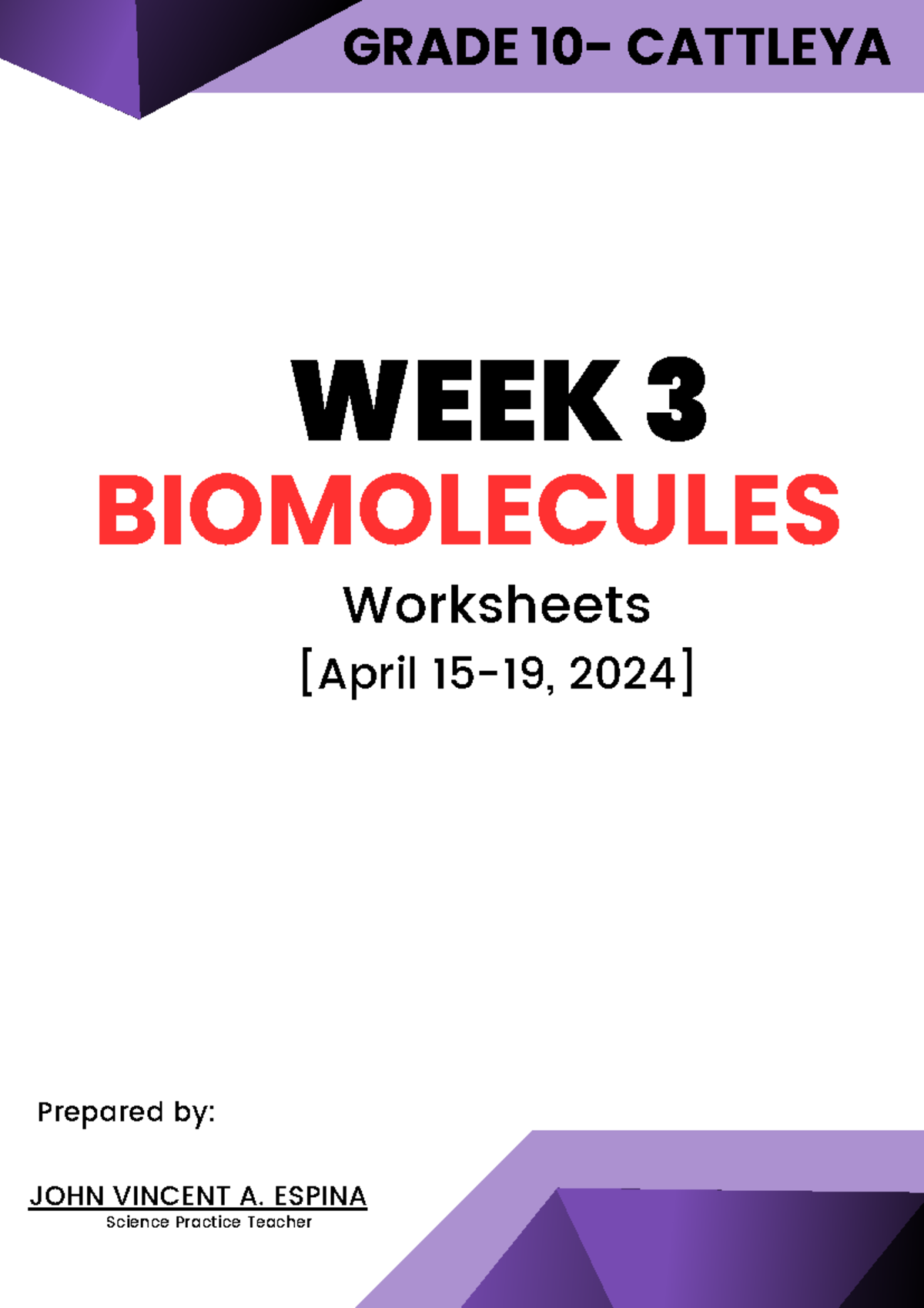 Biomolecules Science 10 Worksheet Week 3 - WEEK 3 GRADE 10- CATTLEYA ...