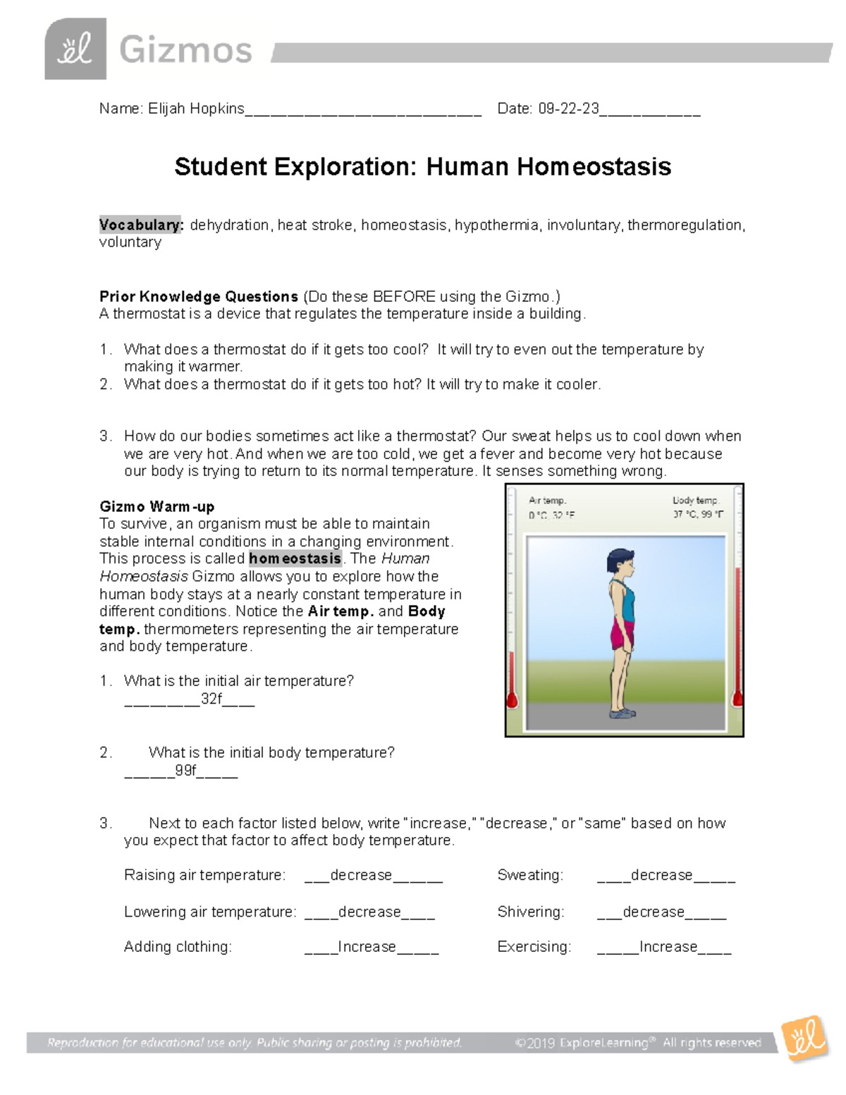 Human Homeostasis SE - Answer Key. - Name: Elijah Hopkins ...