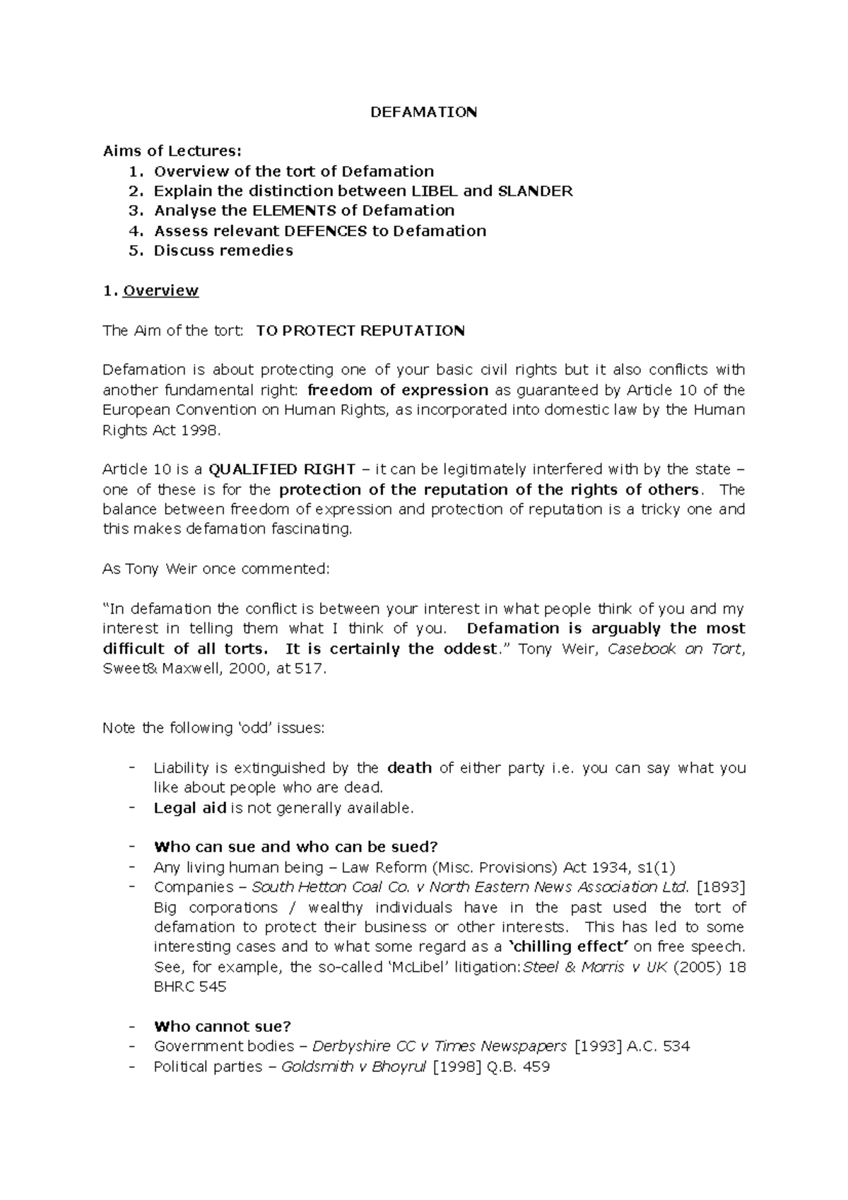 Defamation Lecture Outline - DEFAMATION Aims of Lectures: 1. Overview ...