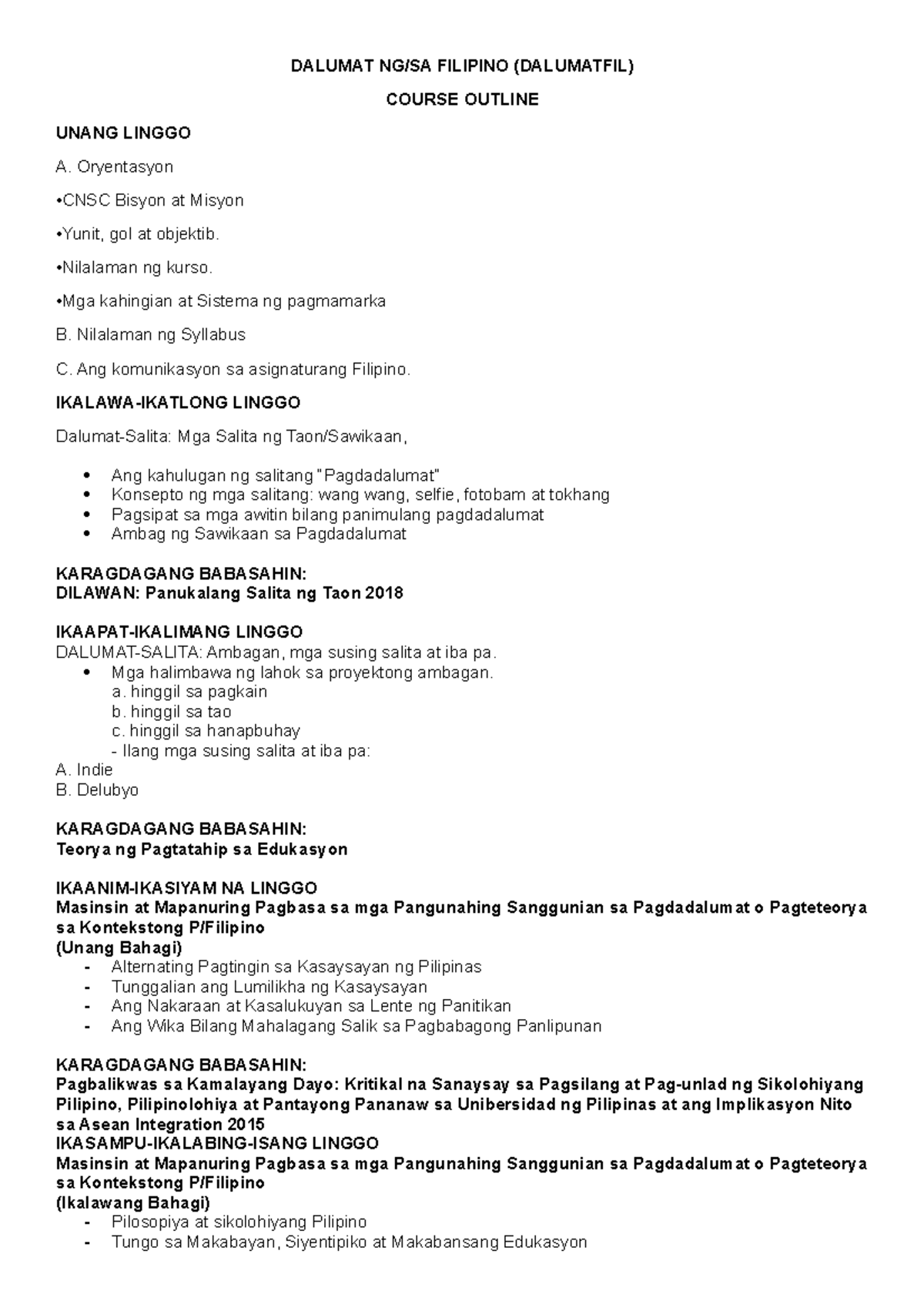Course outline dalumat - DALUMAT NG/SA FILIPINO (DALUMATFIL) COURSE ...