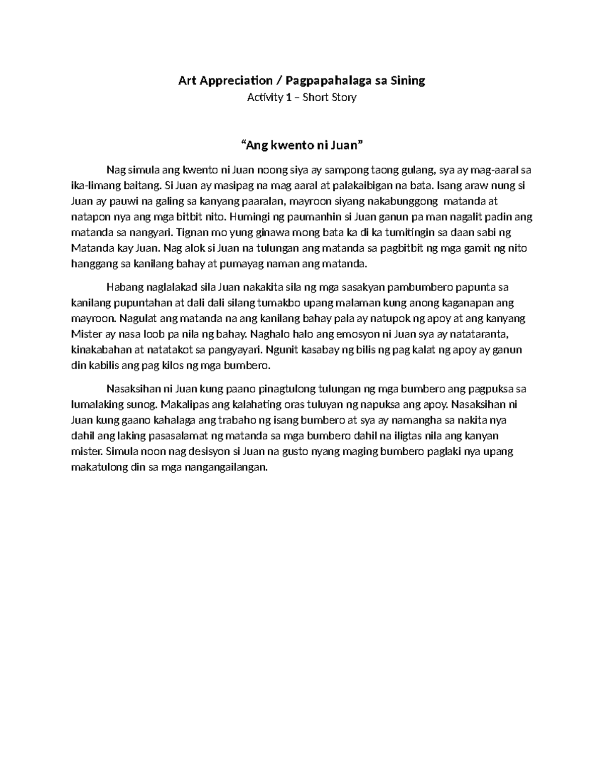 Short Story - Art Appreciation / Pagpapahalaga sa Sining Activity 1 ...